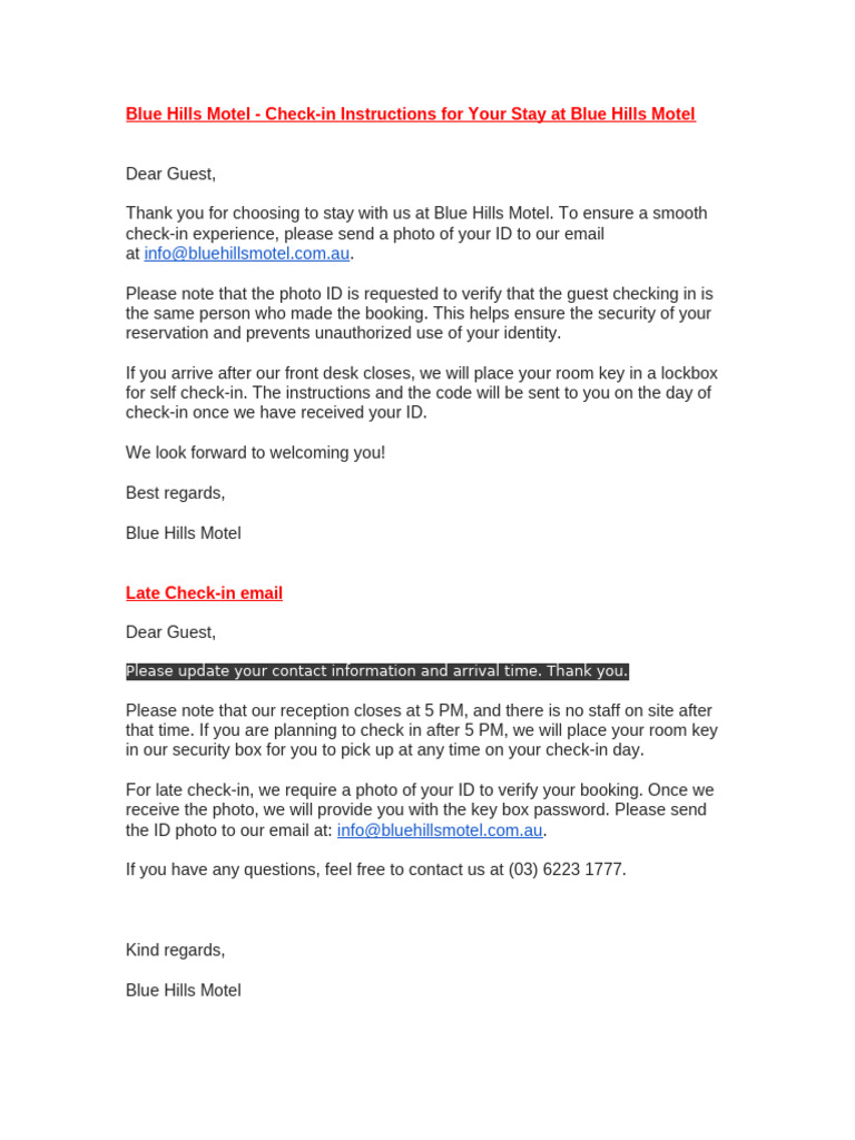 Late check in email | PDF