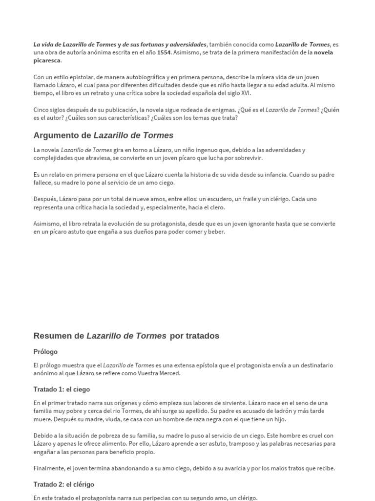 Lazarillo de Tormes: Novela Picaresca Clásica | PDF