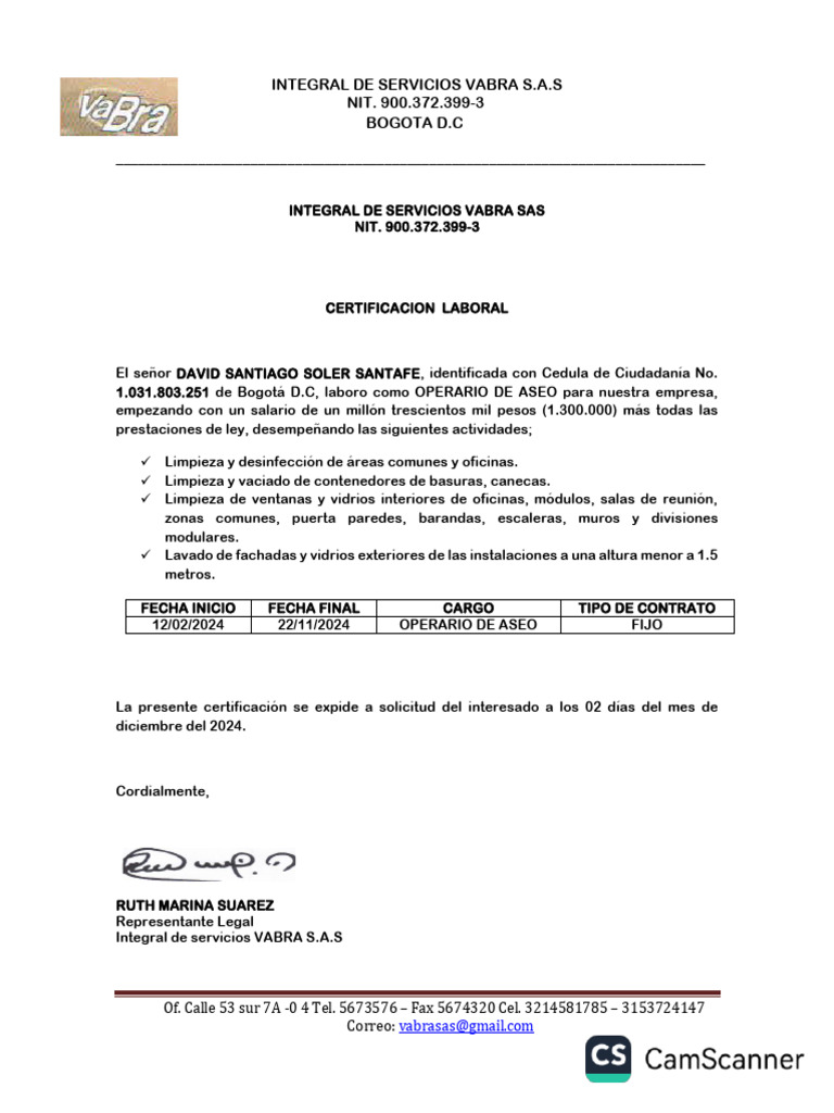 CERTIFICADO LABORAL VABRA | PDF