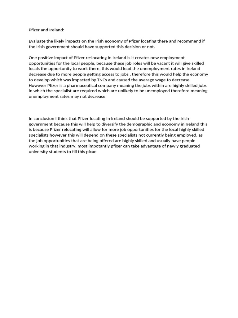 Economic Impact of Pfizer in Ireland | PDF