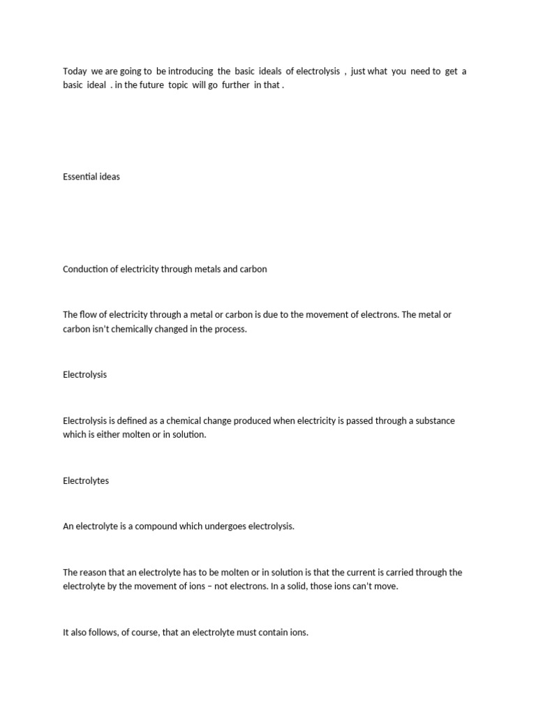 Introduction To Electrolysis | PDF | Anode | Electrode