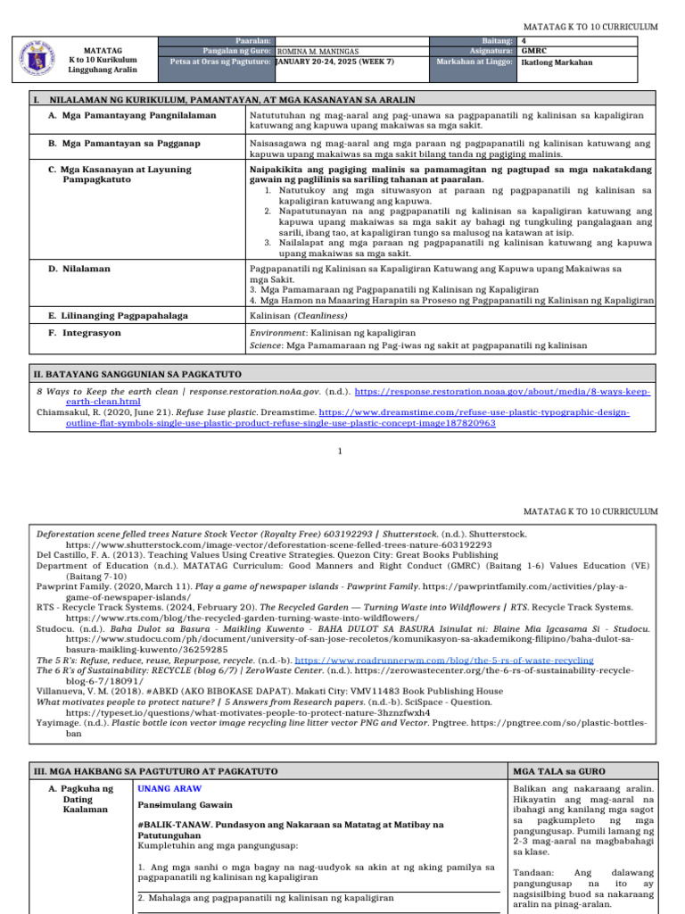 DLL Matatag - GMRC 4 Q3 W7 | PDF