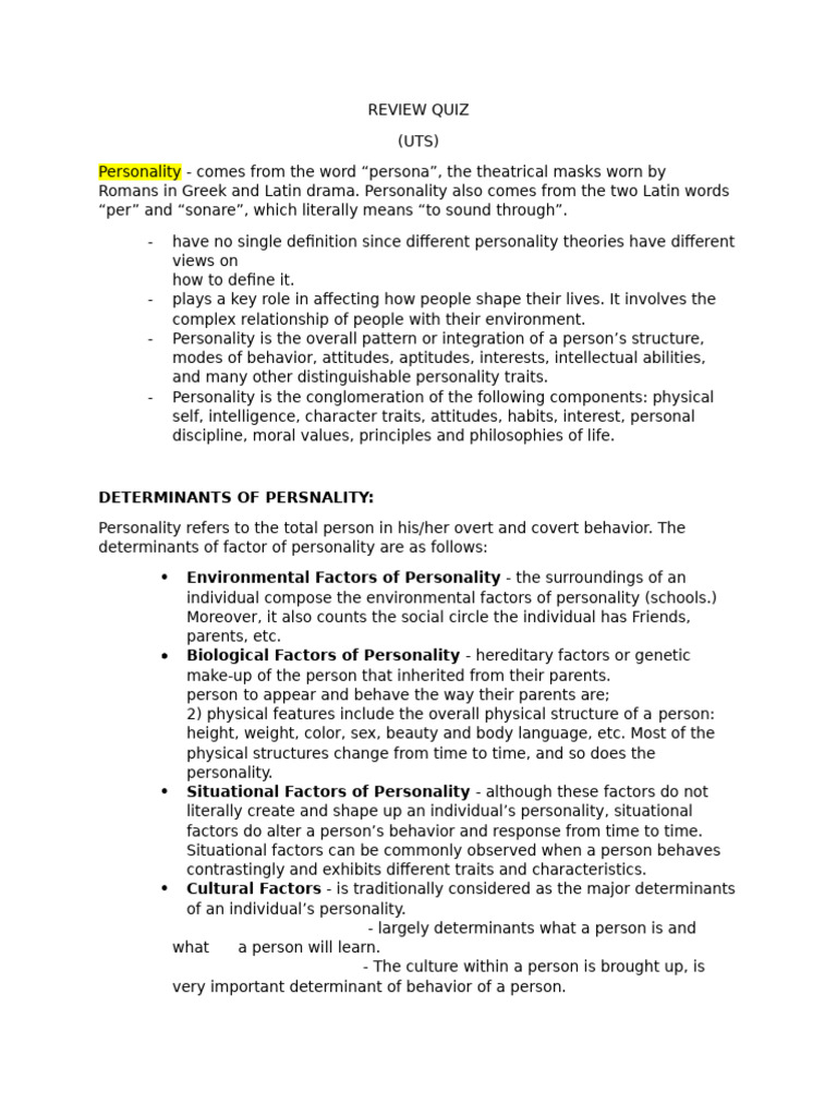 Understanding The Self REVIEW QUIZ | PDF | Extraversion And Introversion | Psychology