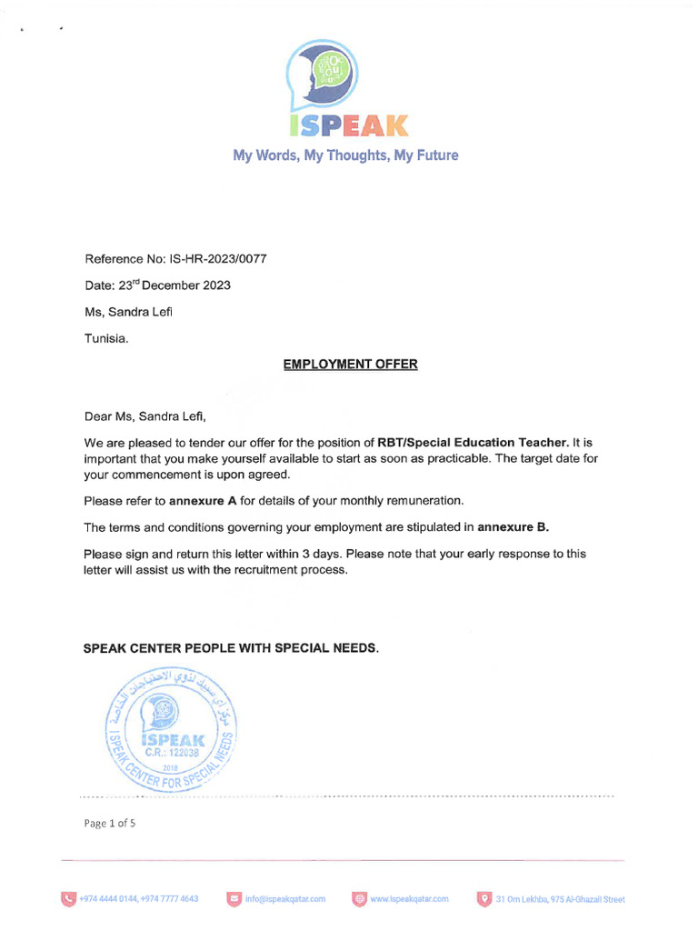 Offer Letter - Ms. Sandra Lefi | PDF