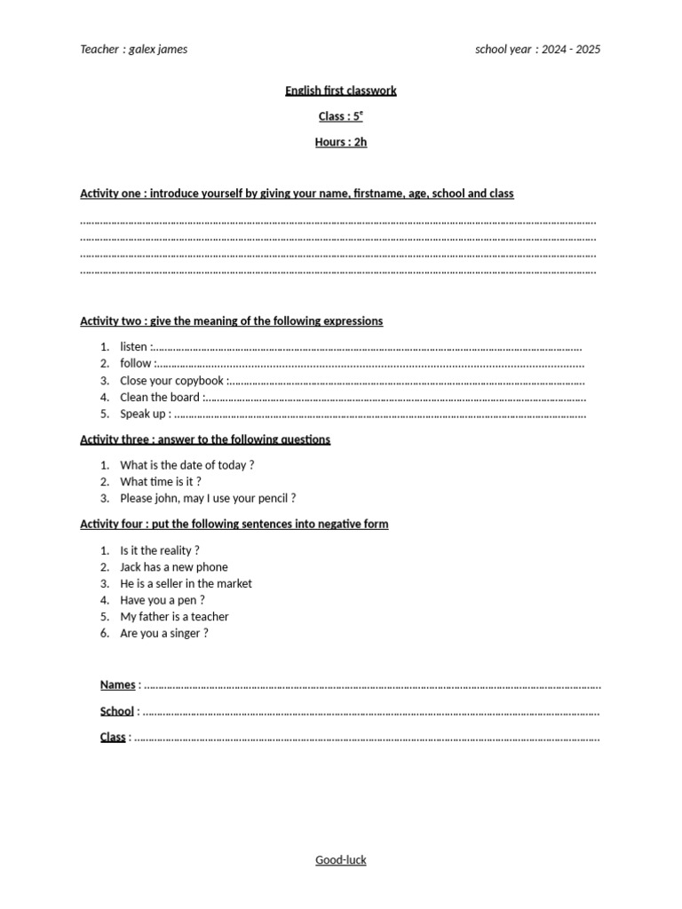 English First Classwork 5 | PDF