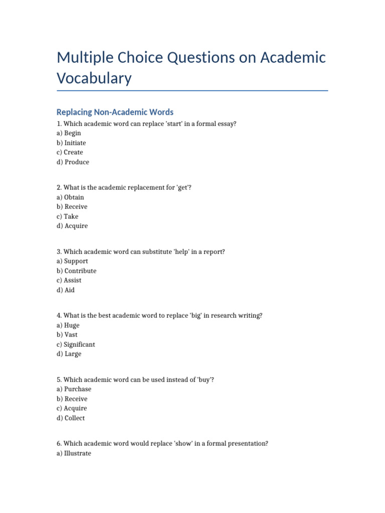 Academic Vocabulary Multiple Choice Quiz | PDF