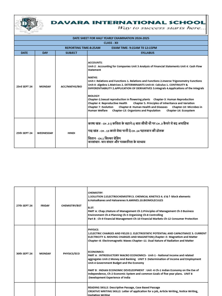 Half Yearly Exam Schedule 2024 25 Pdf Physical Sciences
