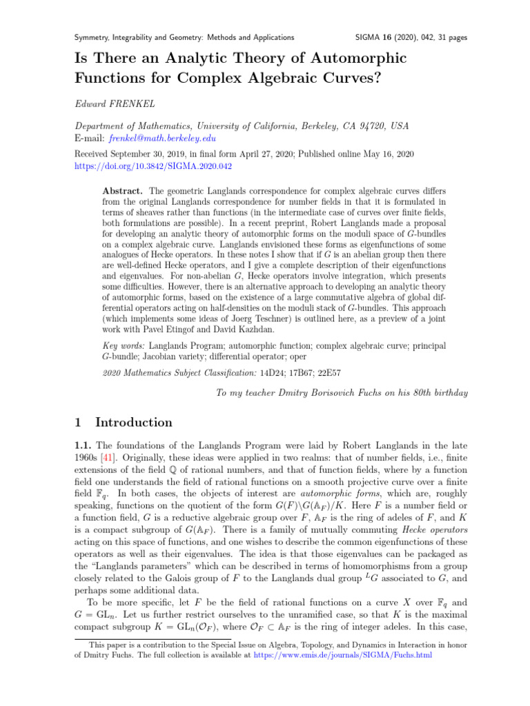 Is There An Analytic Theory of Automorphic Functions For Complex Algebraic Curves? | PDF | Field ...