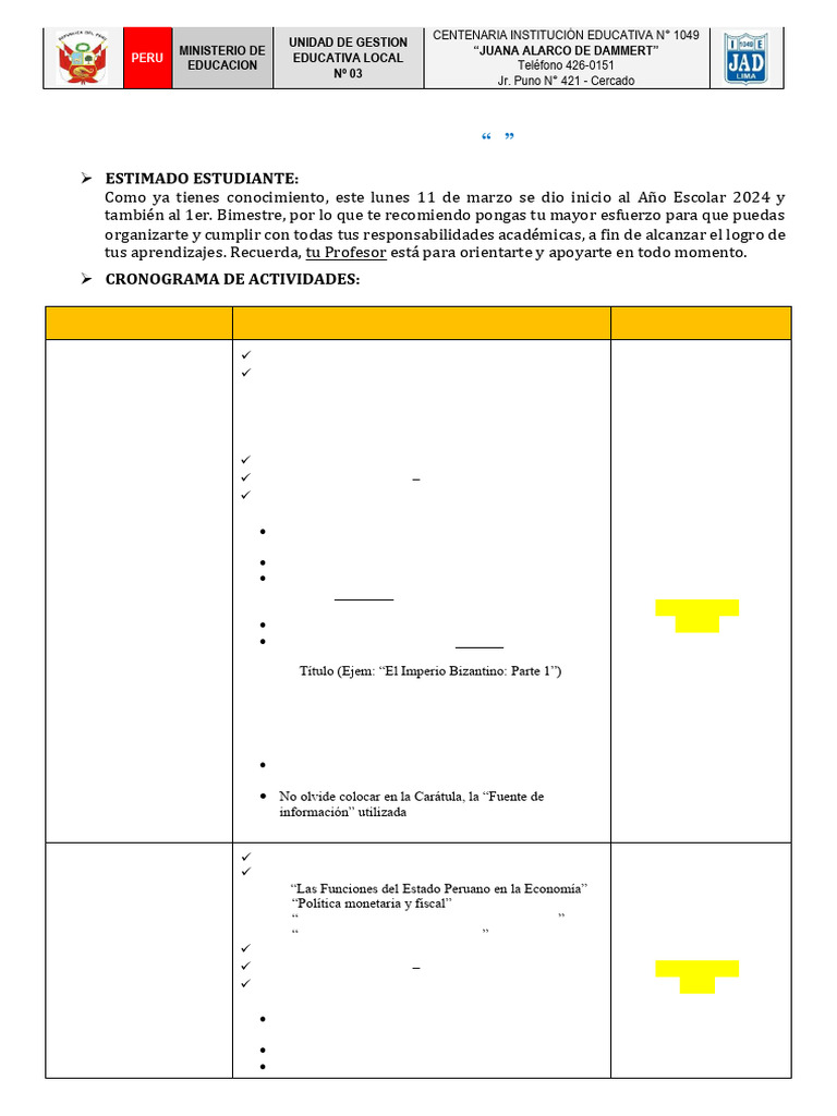 Cronograma Activ 1° Bim-4° Año B | PDF