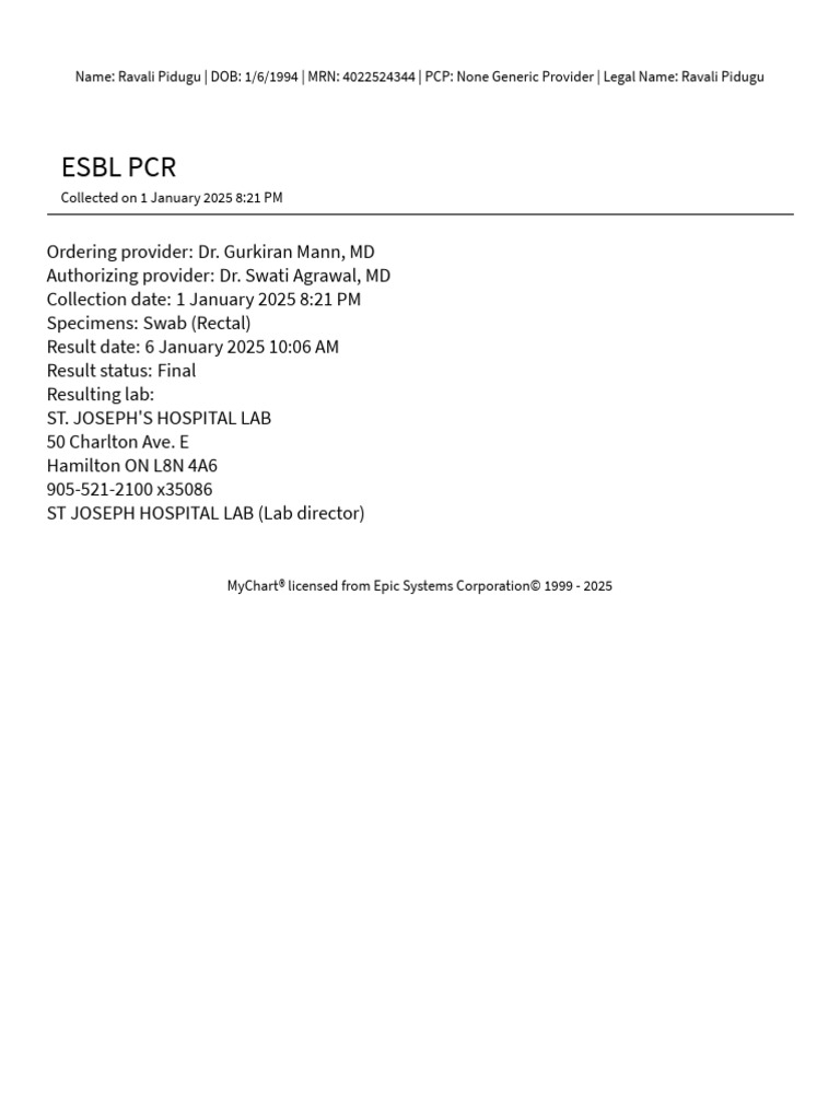 ESBL PCR Test Results for Ravali Pidugu | PDF