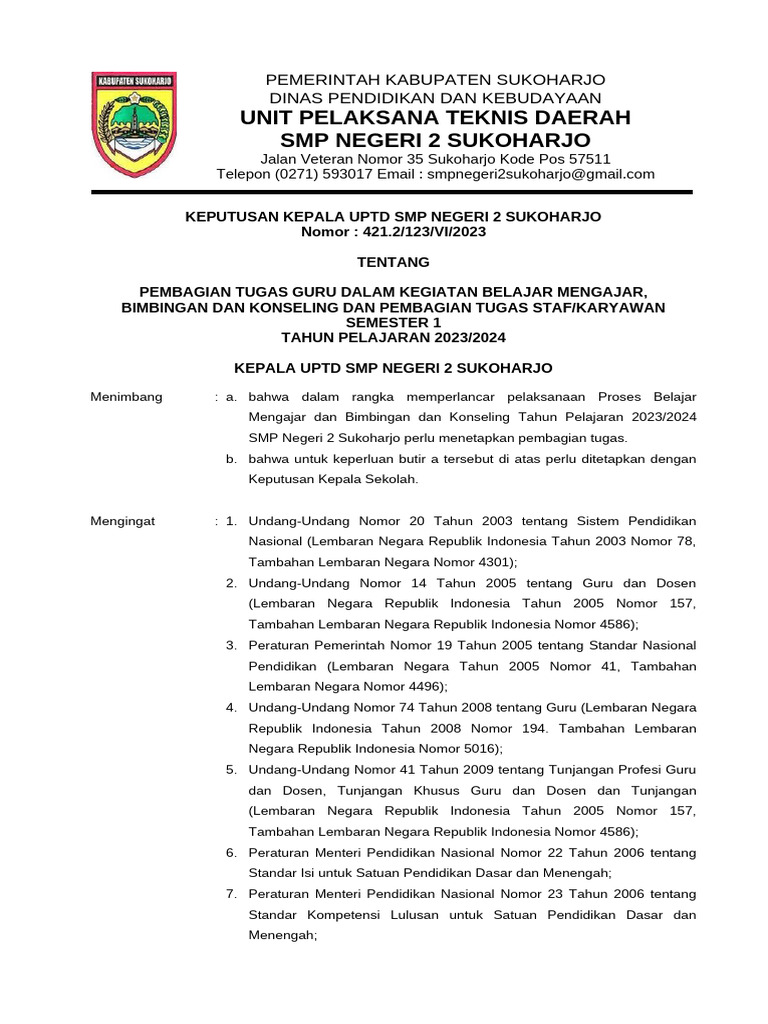 KONSIDERAN SK PEMBAGIAN TUGAS SM 1 TAHUN 23-24 | PDF