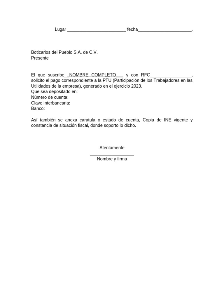 Solicitud de Pago PTU 2023 | PDF