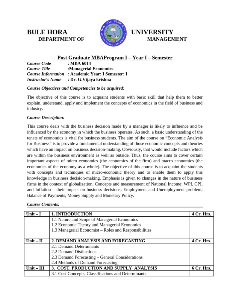 Managerial Economics Course Outline Pdf Economics Profit Economics