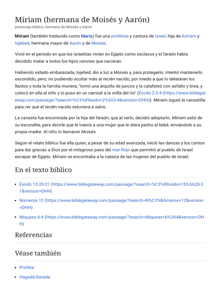 Míriam (Hermana de Moisés y Aarón) - Wikipedia, La Enciclopedia Libre | PDF | Miriam | Moisés