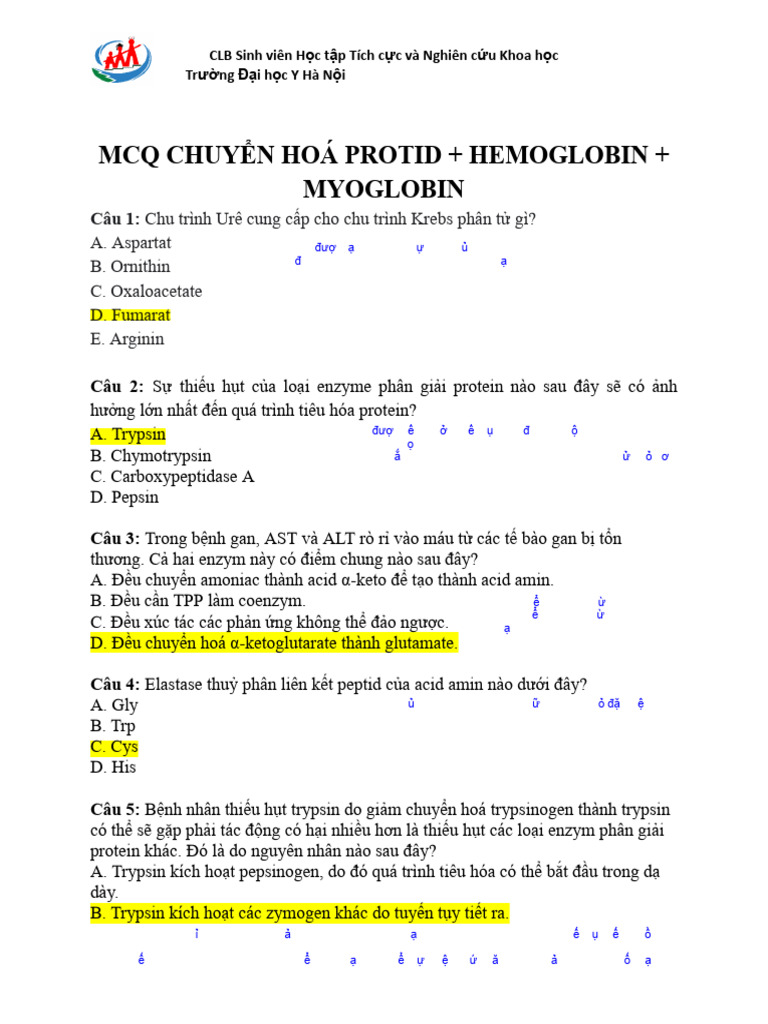 (ISSR) MCQ chuyển hóa Protid + Hemoglobin + Myoglobin | PDF