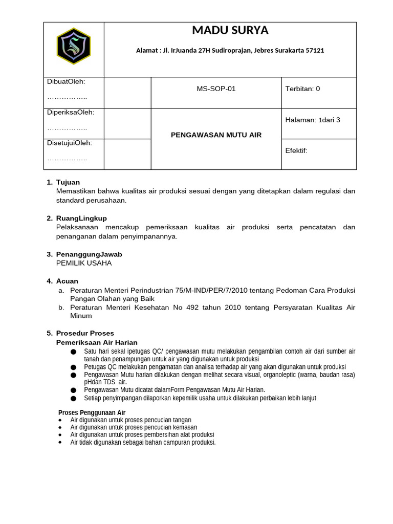SOP-01-Pengawasan Mutu Air | PDF