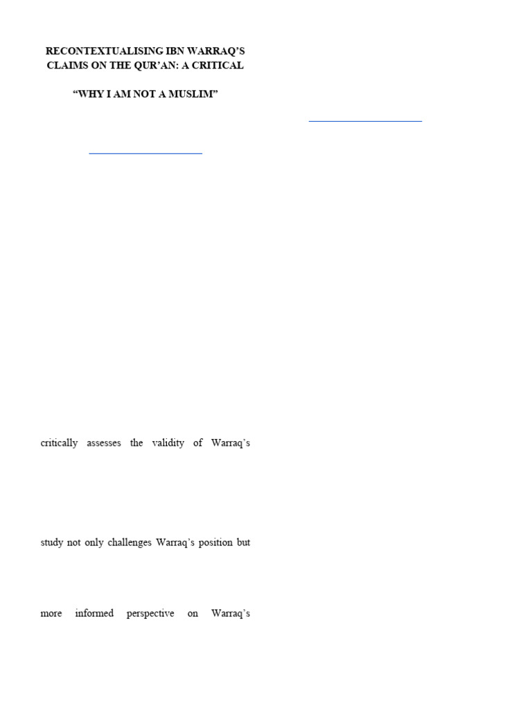 Recontextualising Ibn Warraq's Claims On The Qur'an A Critical Analysis ...