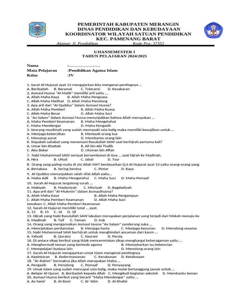 soal kls 4 smes 1 th 2024 | PDF