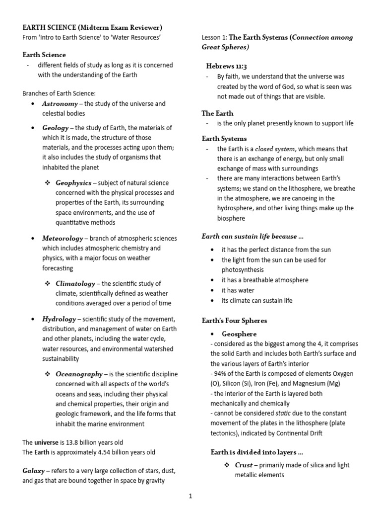 EARTH SCIENCE Midterm Exam Reviewer 1 | PDF | Earth Sciences | Rock ...