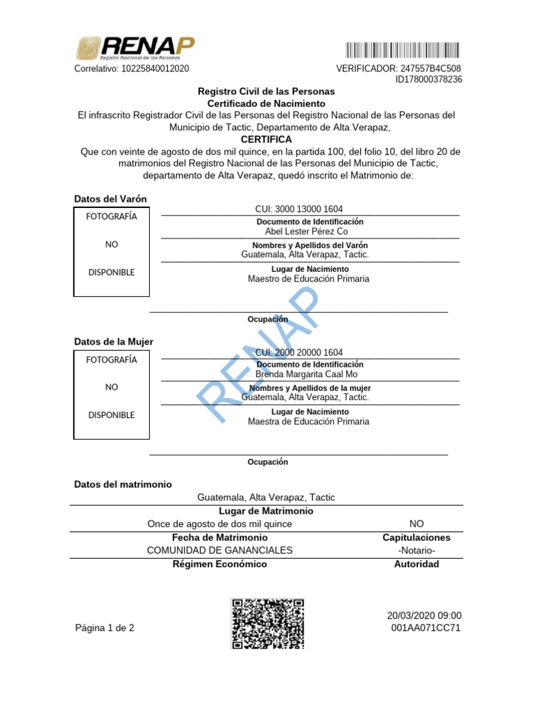 Certificado de Matrimonio Renap Guatemala | PDF | Instituciones sociales | Arreglos de vivienda