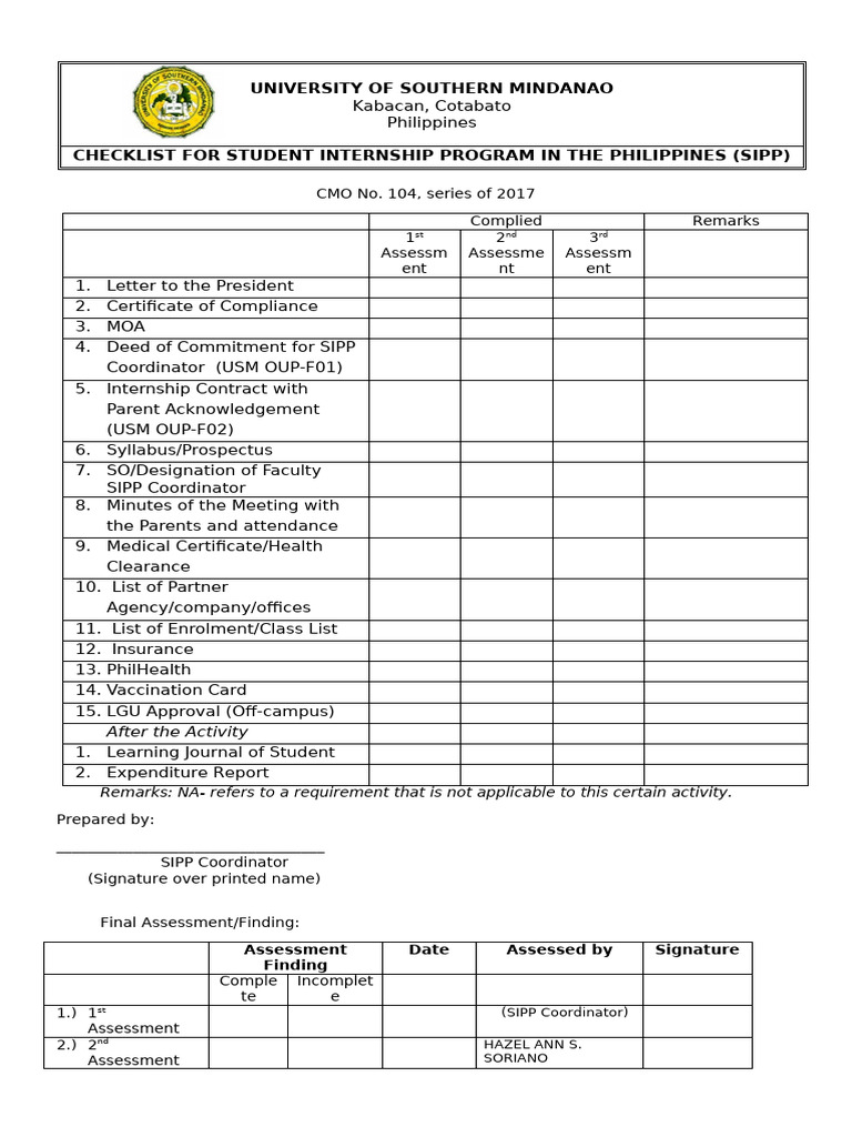 Checklist For Student Internship Program in The Philippines 1 | PDF