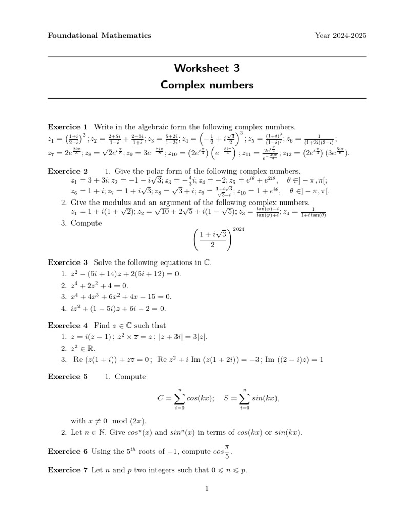 Worksheet Complex Numbers | PDF | Mathematical Analysis | Mathematical ...