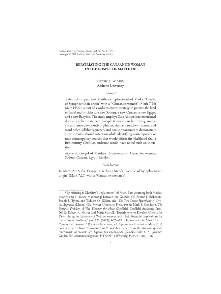 Repatriating The Canaanite Woman in The Gospel of Matthew | PDF ...
