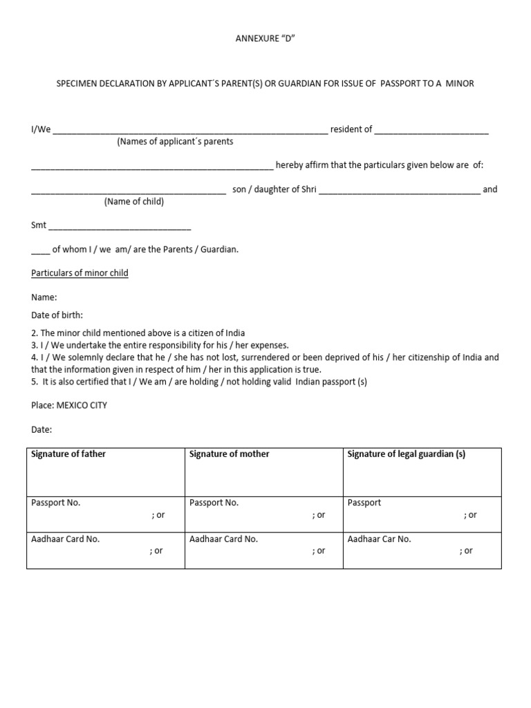 Minor Passport Declaration Form | PDF