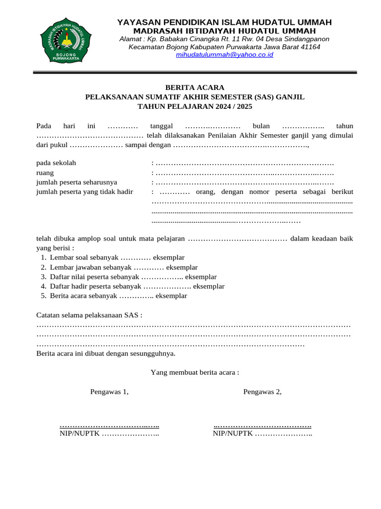 Contoh Berita Acara Pelaksanaan PAS Terbaru - Dokumensekolahdasar - Blogspot | PDF