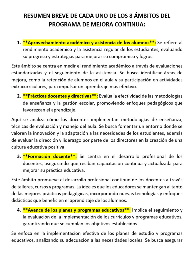 Resumen Breve de Cada Uno de Los 8 Ámbitos Del Programa de Mejora Continua | PDF | Enseñando ...
