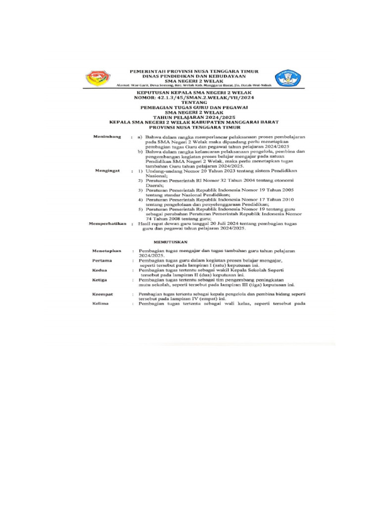 SK Pembagian Tugas 2024-2025 | PDF