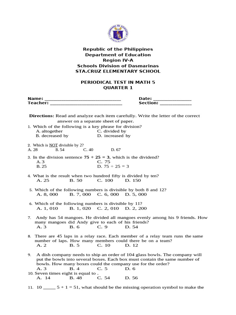 Math 5 Periodical Test - Quarter 1 | PDF | Mathematics | Arithmetic