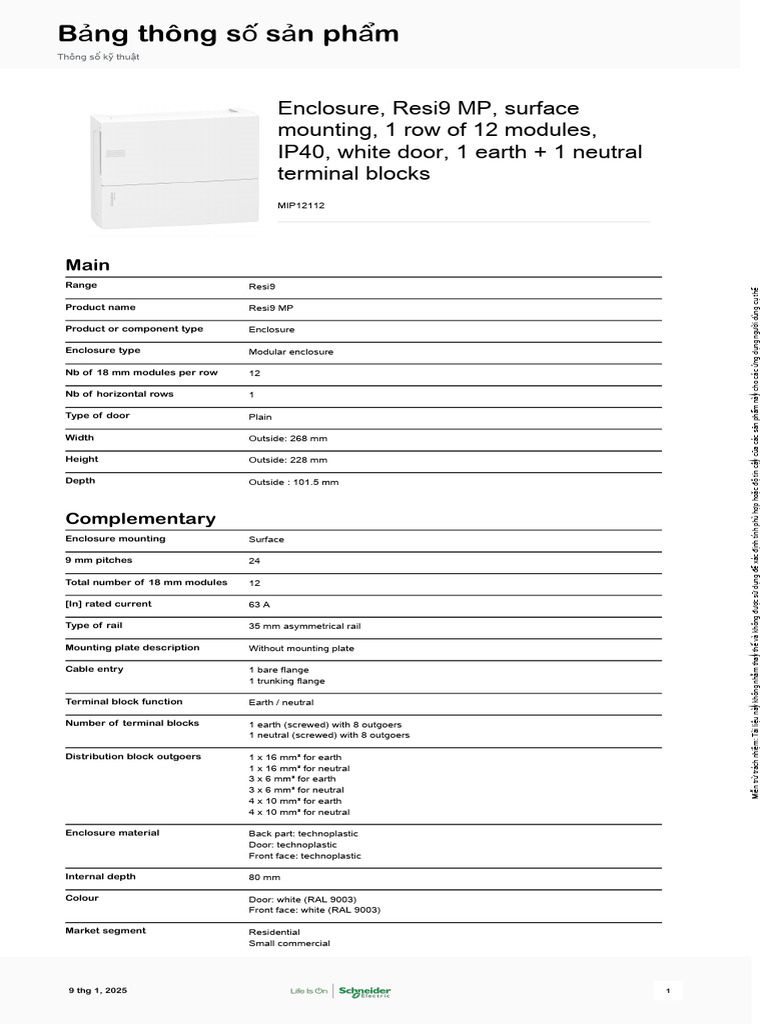 Schneider Electric Resi9-MP MIP12112 | PDF