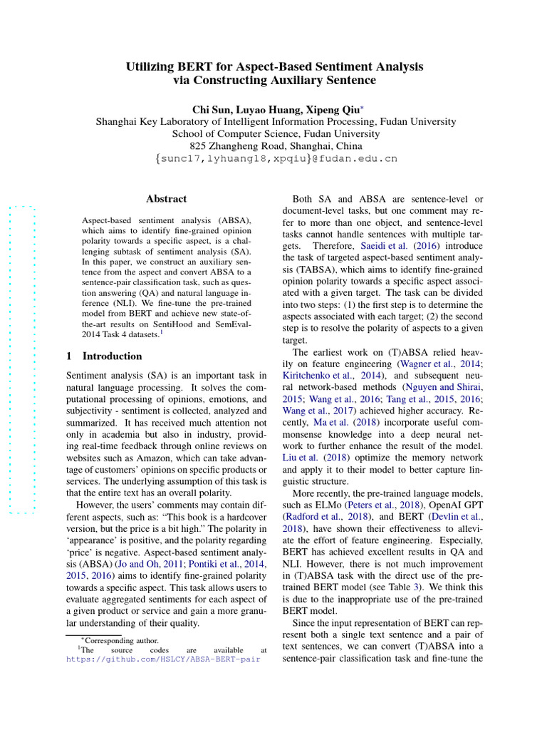 Utilizing BERT For Aspect-Based Sentiment Analysis, Paper 9 | PDF | Artificial Intelligence ...