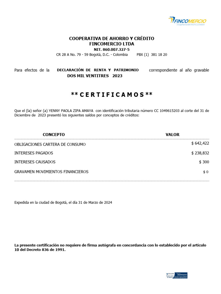 Certificado Fincomercio 1049615203 | PDF