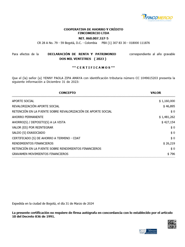 Certificado Fincomercio 1049615203 | PDF | Negocios económicos | Dinero