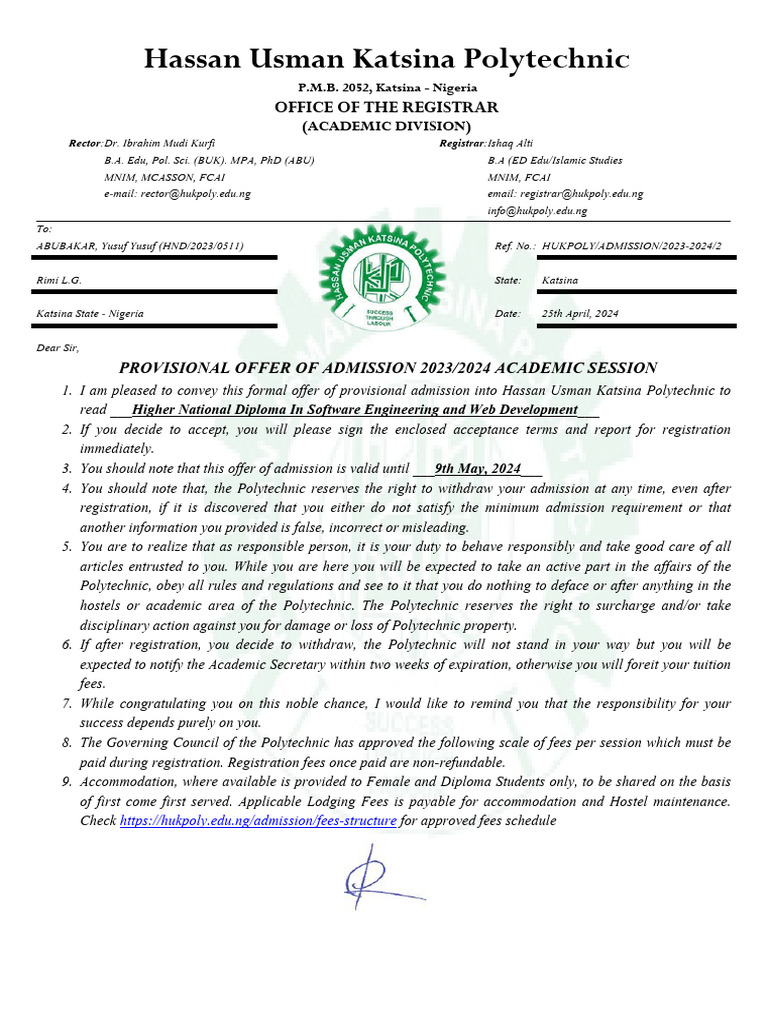 HND20230511 ABUBAKAR Yusuf Yusuf 20232024 Admission Letter 165 | PDF | Educational Stages