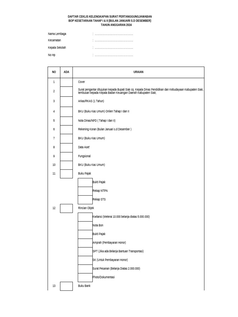 Ceklis Kelengkapan SPJ Bop Kesetaraan Tahap I & Ii 2024 | PDF