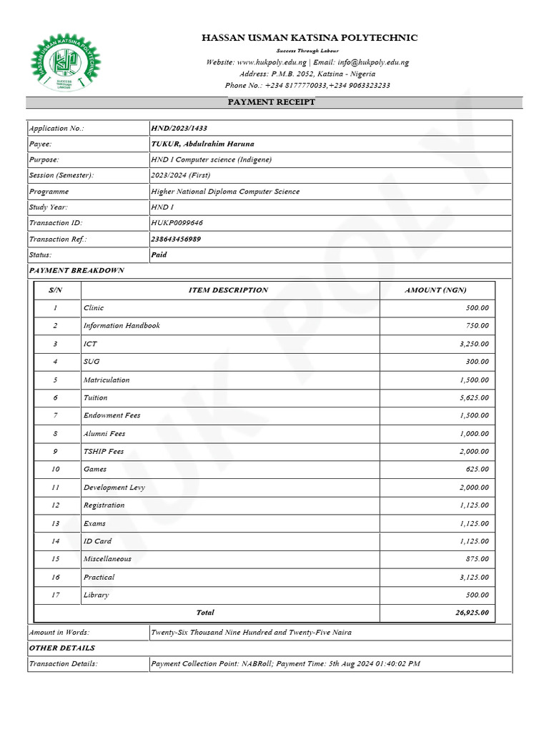 HND Computer Science Payment Receipt | PDF | Payments