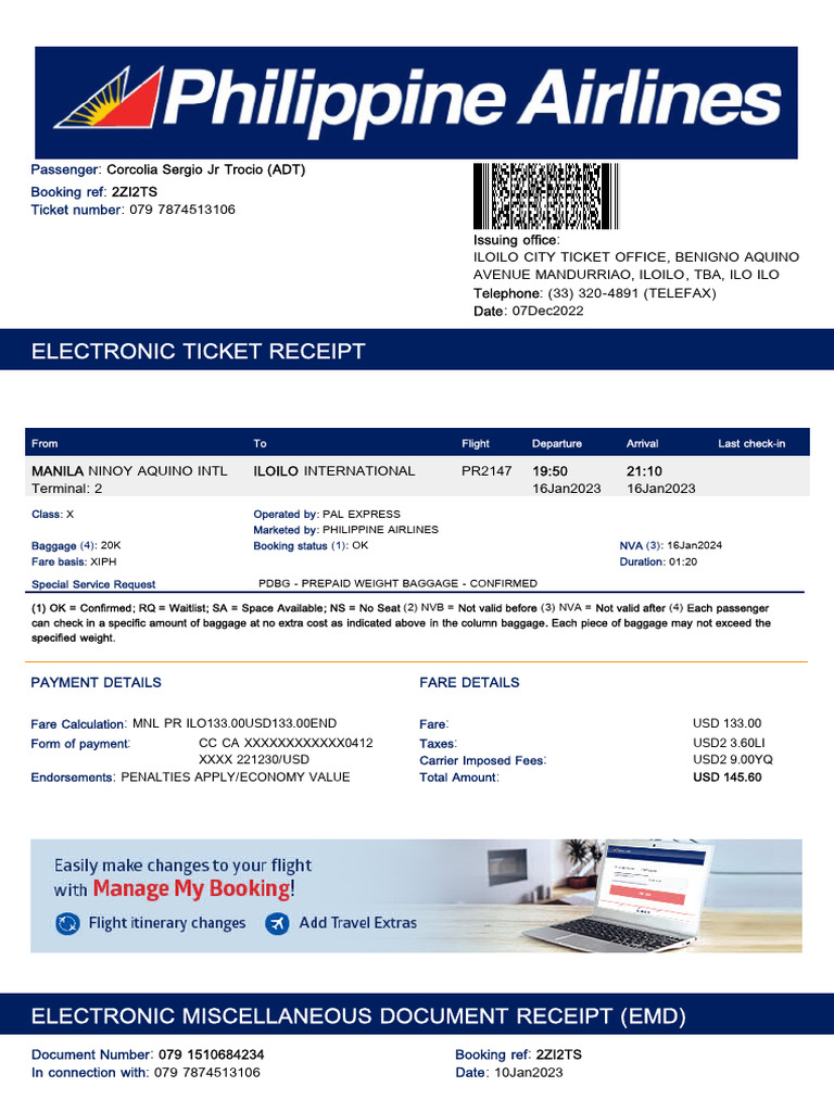 PR2147 Flight Ticket Receipt | PDF