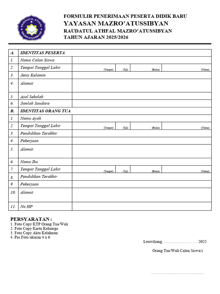 Formulir Pendaftaran RA 2025/2026 | PDF