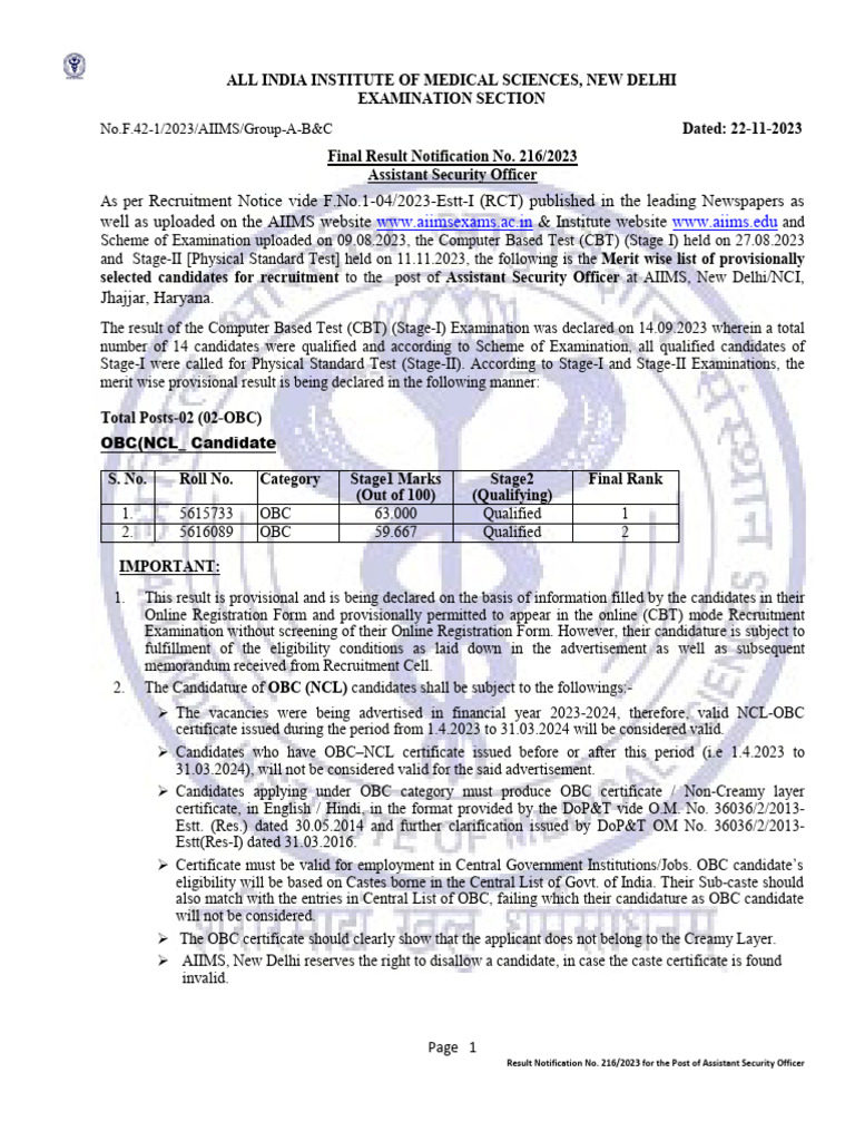 Final - Result-Assistant Security Officer-NET | PDF