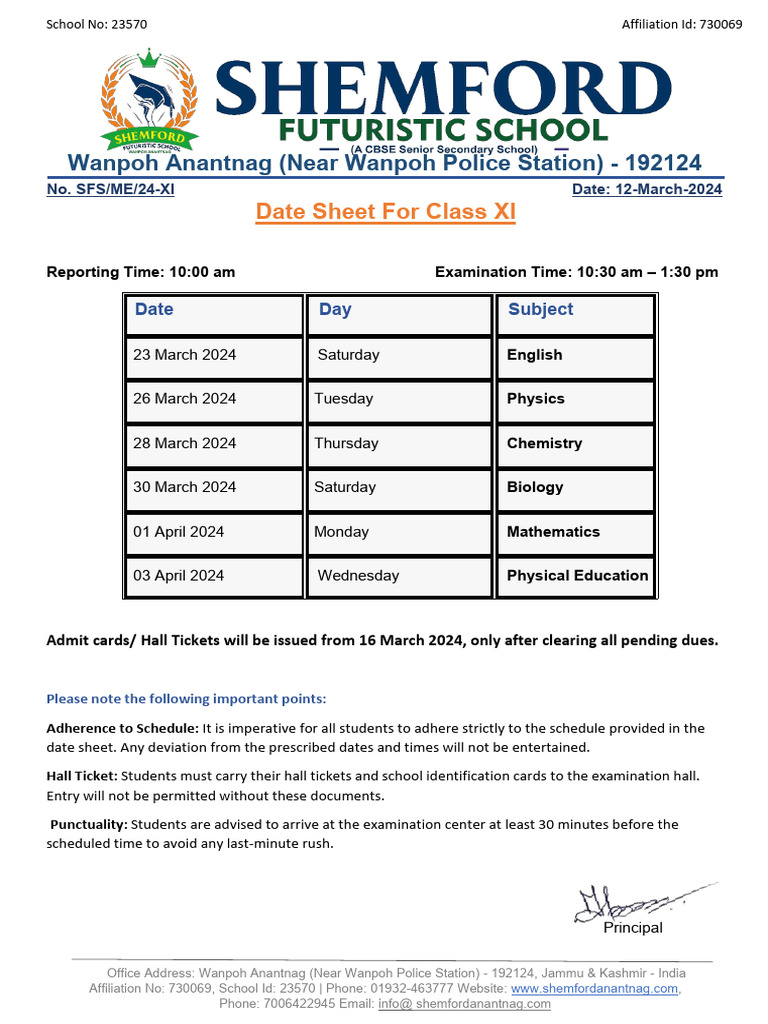 Class XI Exam Date Sheet 2024 | PDF