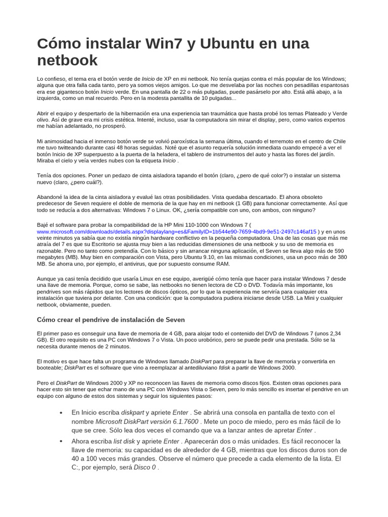Cómo instalar Win7 y Ubuntu en una netbook | PDF | Memoria USB | Arranque