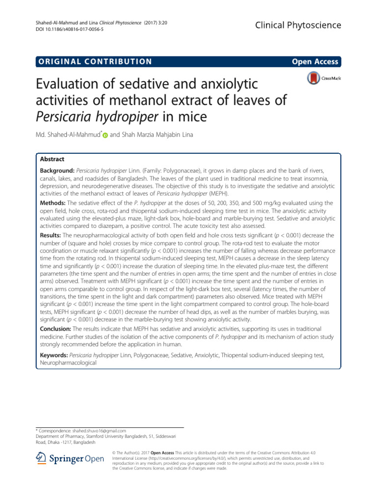 Evaluation of Sedative and Anxiolytic Activities of Methanol Extract Of ...