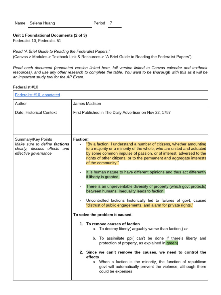 Federalist 10 & 51 - Selena Huang | PDF | Government | Political Science