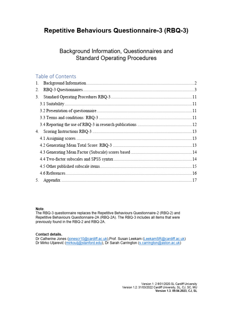 RBQ 3 Administration Manual v1.3 | PDF | Autism | Spectrum Disorder
