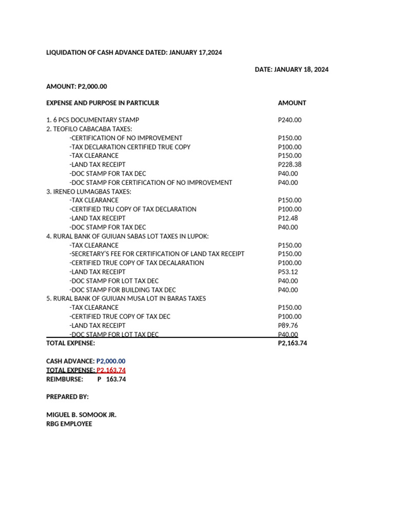 Liquidation of Cash Advance Dated January 18,2024 | PDF