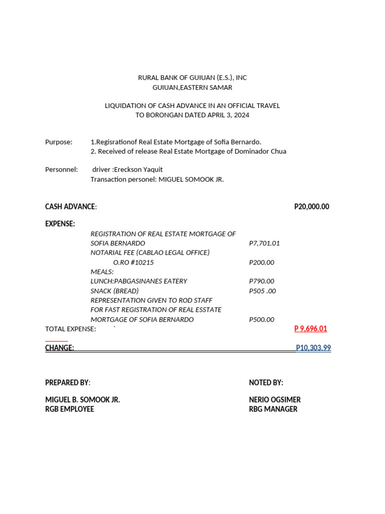 Cash Advance Liquidation Report | PDF