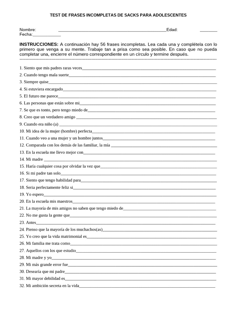 Test de Frases Incompletas para Adolescentes | PDF